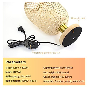 CACCISUN Bedside Table Lamp, Dimmable Rattan Lamp, Woven Table Lamp Boho Bedside Lamp, Handmade Desk Accent Lamp for Living Room End Tables, Kids Room, Bedroom, Dorm Decor