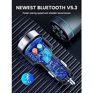 FM Transmitter for Car Bluetooth 5.3, RIWUSI [All-Metal] PD 20W & QC3.0 18W Fast Car Charger, Wireless FM Radio Car Kit Bluetooth Car Adapter, Noise Cancelling Hands-Free Call, Hi-Fi Music, Blue Light