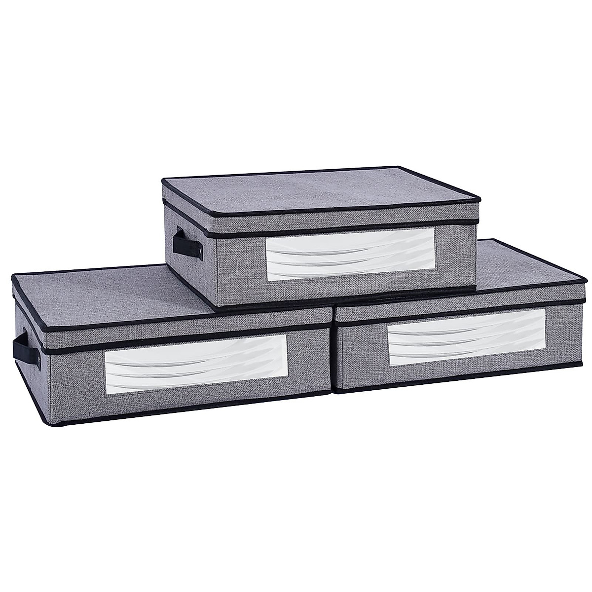 YheenLf 3 Sets China Storage Containers With Lid and Handles, Dinnerware Storage Box for Dishes Plate Storage Containers with 12 Felt Dividers, Hold 12 Plates, 17 x 13 x 6 inches, Grey