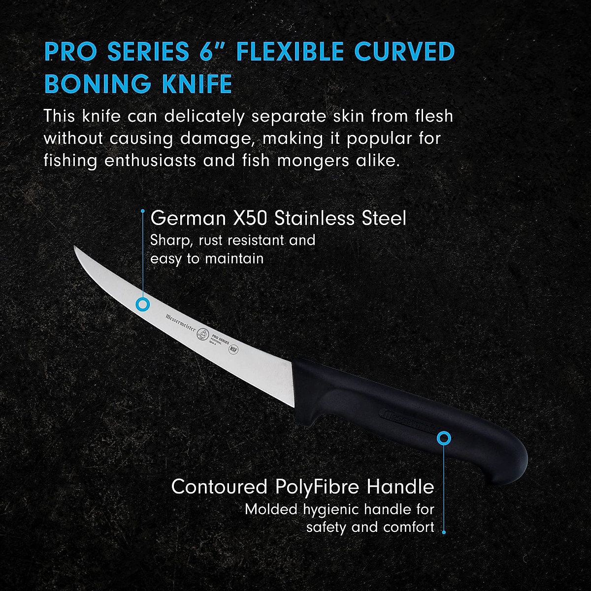 Messermeister Pro Series 6” Flexible Curved Boning Knife - German X50 Stainless Steel & NSF-Approved PolyFibre Handle - 15-Degree Edge, Rust Resistant & Easy to Maintain - Made in Portugal
