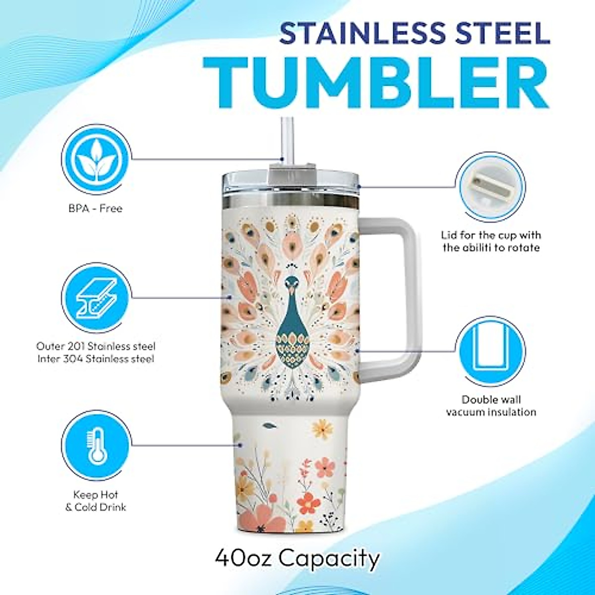 Hyturtle Personalized Unique Peacock Tumbler - Peacock Gifts For Women - Animal Present For Peafowls Lover Her - Mothers Day Present For Mom - Custom Travel Coffee Cup 40 oz With Lid Straw