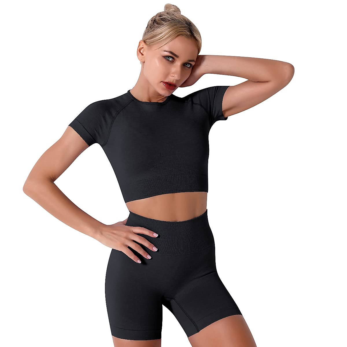 Black Workout Sets for Women: 3 Piece Yoga Outfit Tracksuit High Waisted Running Biker Shorts with Strap Sport Bra Shirt Crop Top Exercise Running Clothes Athletic Gym Sets Matching Active Wear Medium
