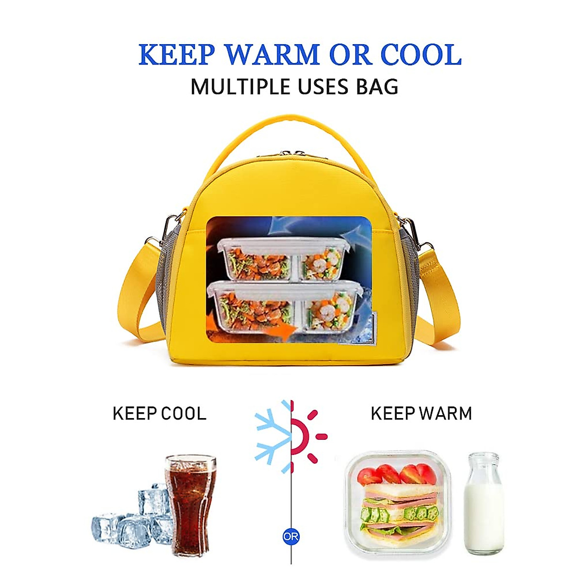 Lunch Bag Insulated Cooler Bag for Women Nylon Waterproof Lightweight Lunch Box Organiser (Yellow)