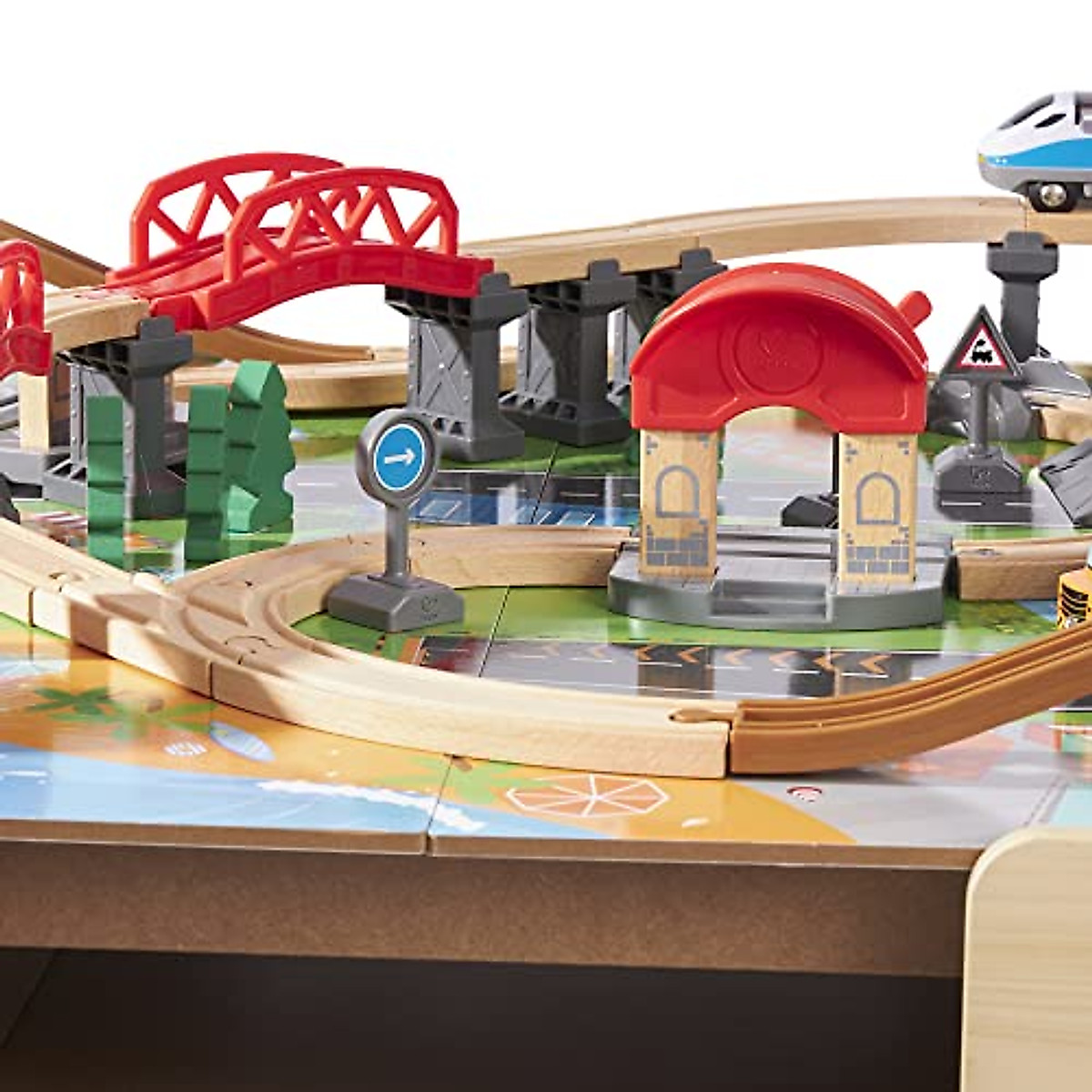 Hape E3766 70 Piece Railway Train Table and Set Toy with Battery Powered Locomotive, Removable Playmat Surface and Storage for Kids 3 Years and Up