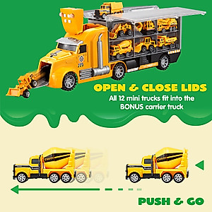 JOYIN 25 in 1 Construction Truck Vehicle Toy Set, Play Vehicles Set with Sounds and Lights in Carrier Truck, Push and Go Vehicle Car Toy, Kids Birthday Gifts for Over 3 Years Old Boys