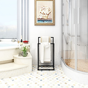 HAHRIR 2-Tier Metal Towel Rack Modern Freestanding Black Towel Rack, Bathroom Metal Storage Towel Rack, Black