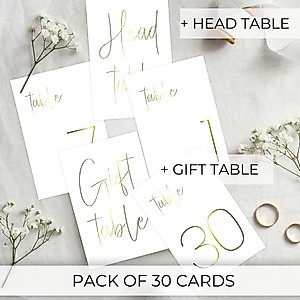 Gorgeous Gold Wedding Table Numbers - Modern Double Sided Lettering with Head Table Card - 4 x 6 inches and Numbered 1-30 - Perfect for Weddings and Events