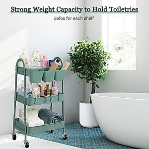 danpinera 3-Tier Rolling Cart, Metal Rolling Storage Cart with Lockable Wheels & Hanging Cups & Hooks, Mobile Trolley Cart for Kitchen, Bathroom, Office, Workshop, Green