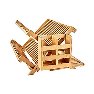 NOVAYEAH Bamboo Dish Drying Rack with Utensil Holder, Collapsible Wooden Dish Drainer Rack, 3-Tier Large Folding Drying Holder for Kitchen Counter