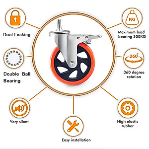 5 inch Casters Heavy Duty Swivel Threaded Stem Caster Wheels with Threaded Diameter 1/2''-13x1'' Length 1 Inch Thread Dual Locking Wheel with Brakes Pack of 4 (5 inch)