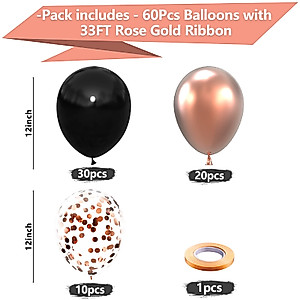 Kelfara Rose Gold and Black Balloons 60Pcs 12 inch Matte Black Rose Gold and Confetti Latex Balloon Bulk for Birthday Party Bridal Shower Wedding Engagement Anniversary Prom Decorations