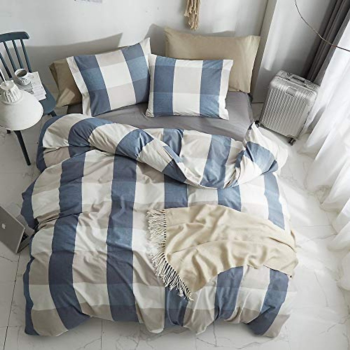 HYPREST Queen Duvet Cover - 100% Cotton Duvet Cover Queen Blue Buffalo Plaid Soft Breathable Farmhouse Style