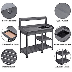 Yaheetech Outdoor Potting Bench Table Potters Benches Garden Workstation for Horticulture with Drawer/Adjustable Shelf Rack/Removable Sink/Hooks/Pads, Gray