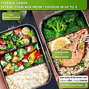 Blockhuette Stainless Steel Lunch Box for Adults I 27oz I Bento Box with 3 Compartments, Leak-Proof Container, Metal Lunchbox for Travel & Work, Eco-Friendly Meal Storage Solution, incl free Sealing