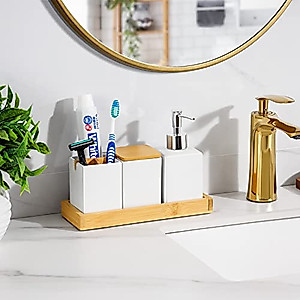 VITVITI Bamboo Bathroom Accessories, White Bathroom Organizer Countertop, Soap Dispenser and Toothbrush Holder Set, Vanity Tray for Bathroom, 4 Pieces Ceramics Decor