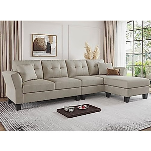 Belffin Convertible Sectional Couch Velvet L Shaped Sofa 4 Seat Sofa with Chaise L-Shaped Couches Reversible Sectional Sofa (Light Grey, L Shaped Couch)