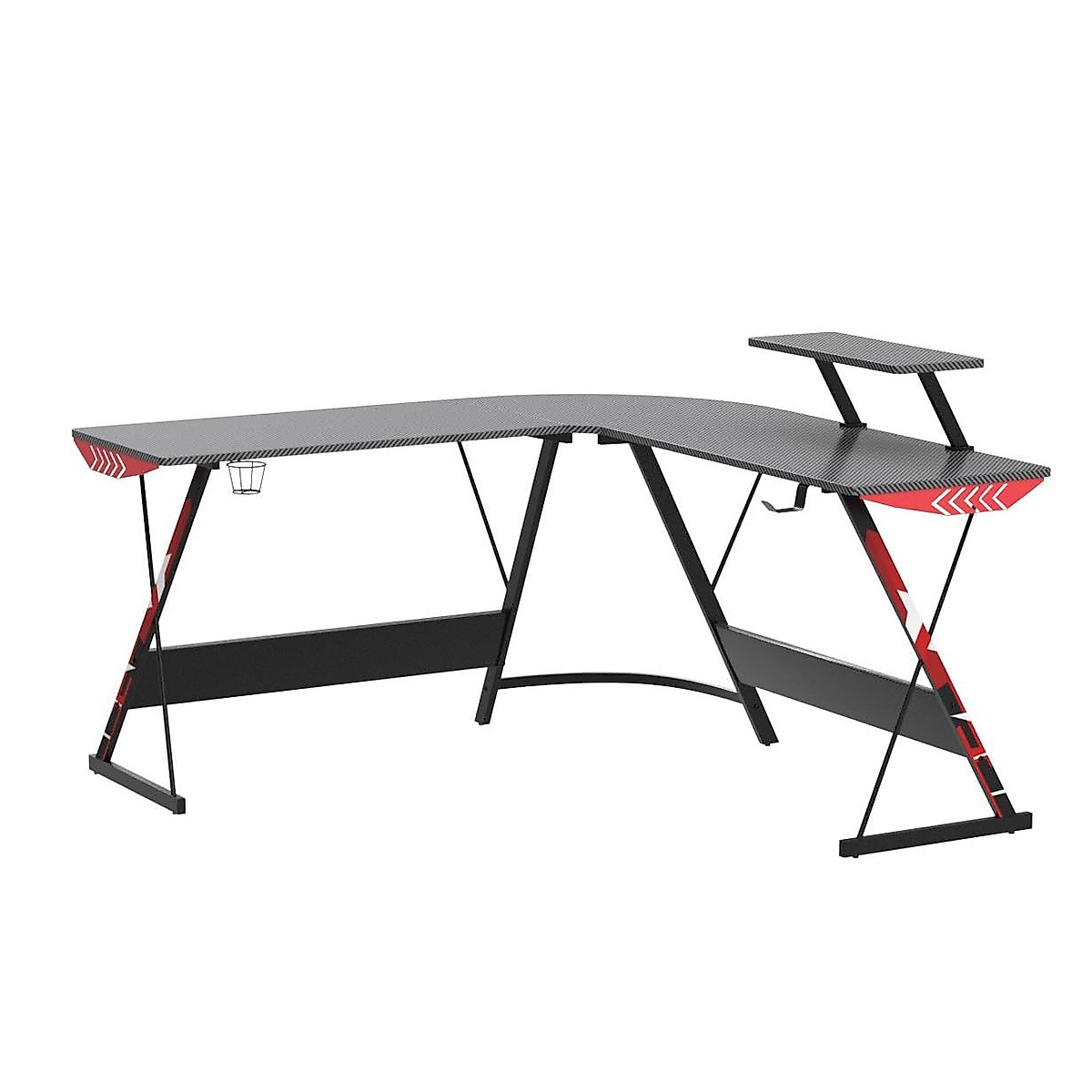 MOTPK L Shaped Gaming Desk with Carbon Fiber Surface, Corner Computer Desk L Shape with Monitor Shelf, Gamer Desk Gaming Table with Cup Holder & Headphone Hook, Black, 51 Inch