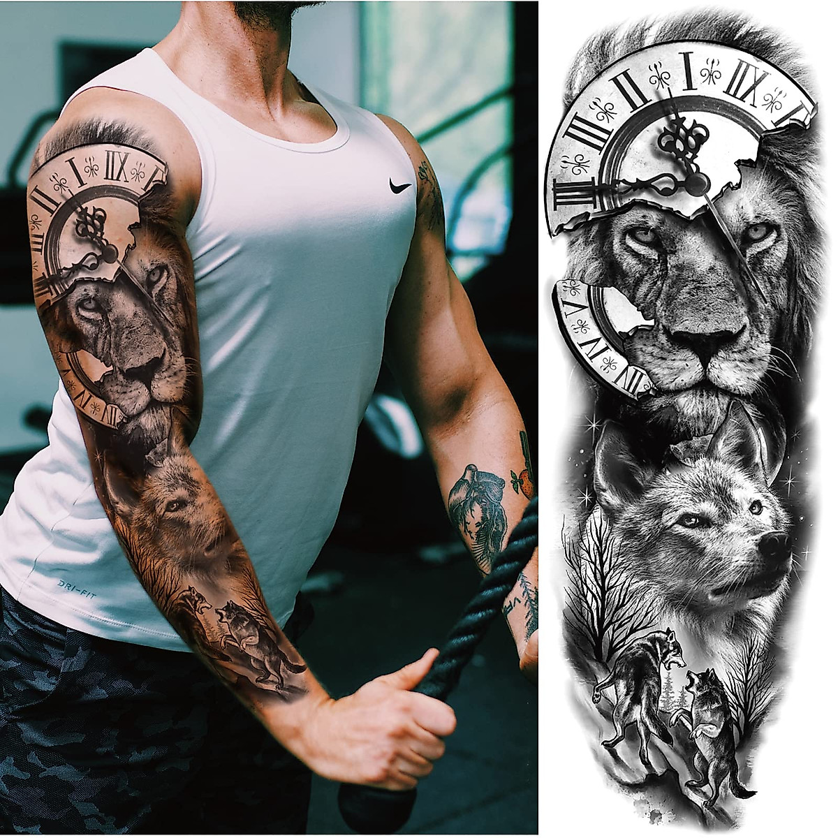 Briyhose Lion Wolf Temporary Tattoo Sleeve, Large Full Arm Animal Tribal Fake Tattoos Sleeve For Men Women Adult, Long Lasting Black Arm Temp Tatoo Sticker Leg Body Art Makeup, 4-Sheet