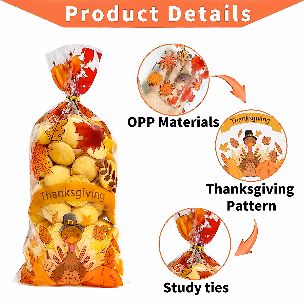 QOIUSO Thanksgiving Gift Bags Cellophane Bags: 50 Pcs Thanksgiving Treat Bags for Goodie Cookies Snacks and Gift Wrapping, Clear Candy Bags with Twist Ties Thanksgiving Party Favors Bags - 4 Style