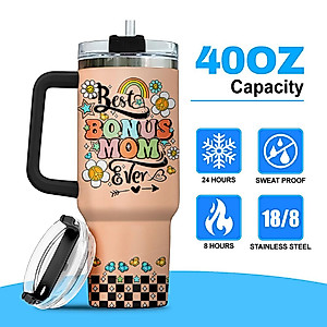 99OWL For Day Momma Cups Be Mothers Cup Women Straws Mama Green Brown Insulated, Bonus Mom Checked Inspiration, Tumbler 40 Oz With Handle Lid And Straw, Bonus Mom Gifts