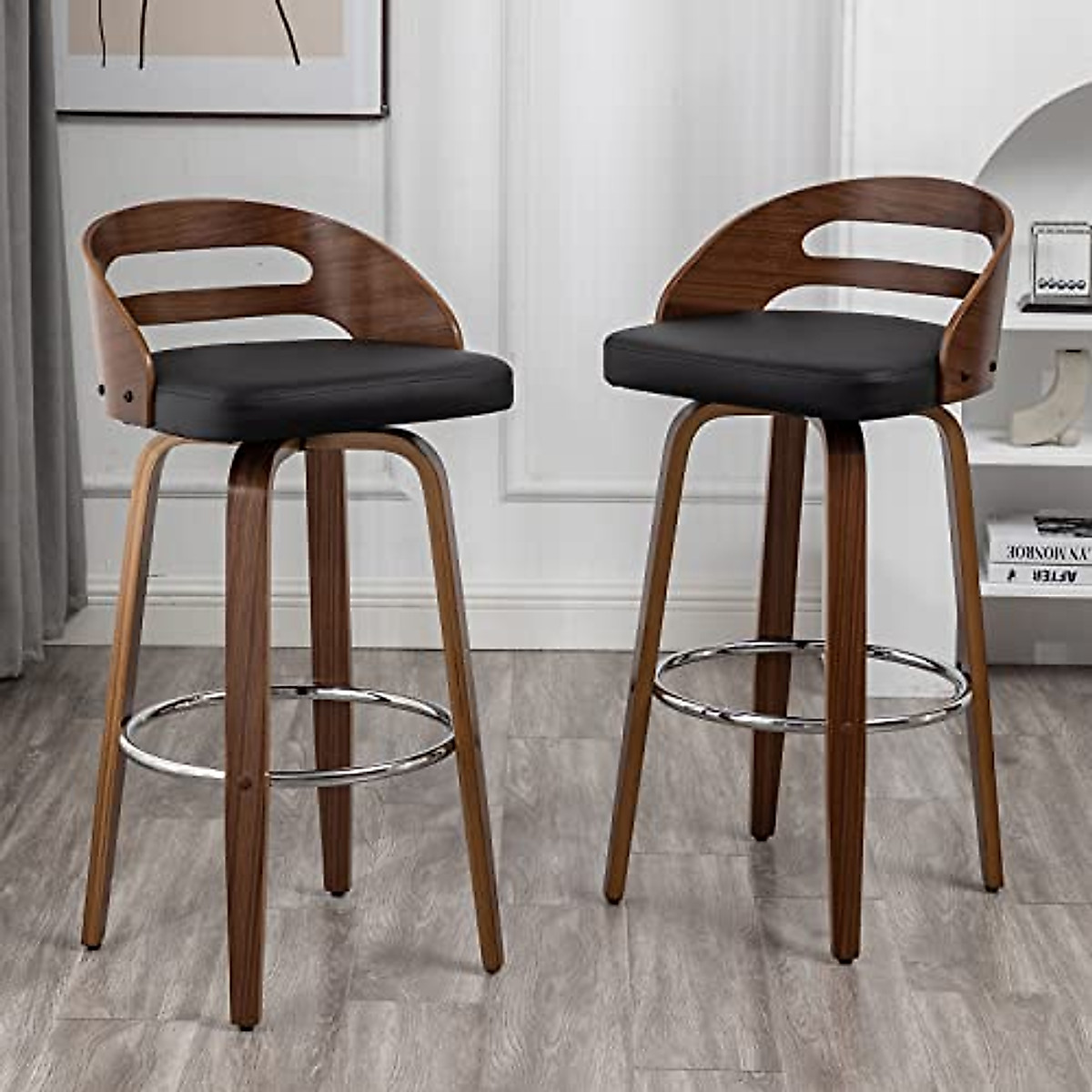 Bar Stools Set of 2, Swivel Bar Height Stools with Walnut Bentwood, Low Back, Upholstered Faux Leather, Soft Cushion Seat, Mid Century Bar Stools for Kitchen/Island/Counter (Black, 25" Seat Height)