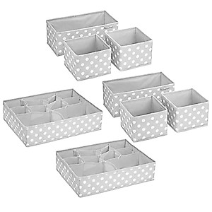 mDesign Fabric Drawer Organizer Bins, Kids/Baby Nursery Dresser, Closet, Shelf, Playroom Organization, Hold Clothes, Toys, Diapers, Bibs, Blankets, Set of 4, 2 Pack, Gray/White Polka Dot