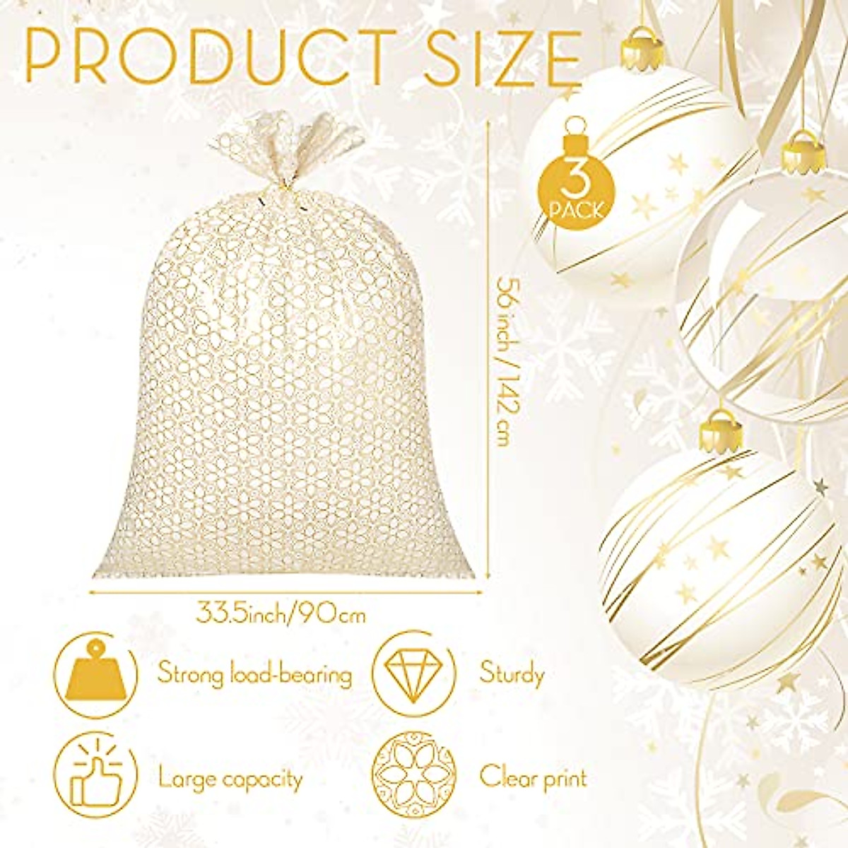 3 Pieces 55 Inch Festival Gift Bags Jumbo Plastic Gift Bag for Graduations, Weddings, Bridal Showers, Mother's Day, Birthdays, Engagement Parties, Retirements, Christmas, Hanukkah,Golden