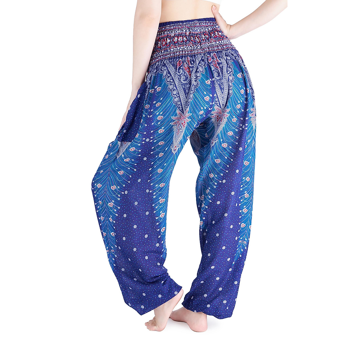 Lannaclothesdesign Women's Smocked Waist Boho Flowy Yoga Harem Pants Hippie Clothes (L, Blue)