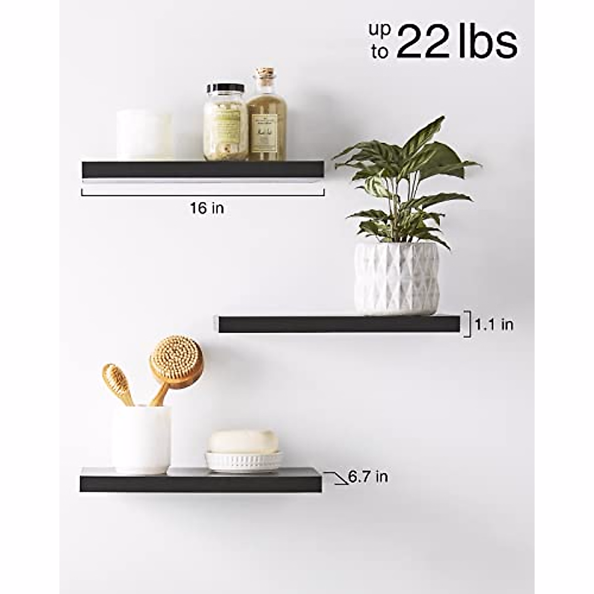 BAYKA Floating Shelves, Wall Mounted Rustic Wood Shelves for Bathroom, Bedroom, Living Room, Kitchen, Small Hanging Shelf for Books/Storage/Room Decor with 22lbs Capacity (Black, Set of 3, 16in)