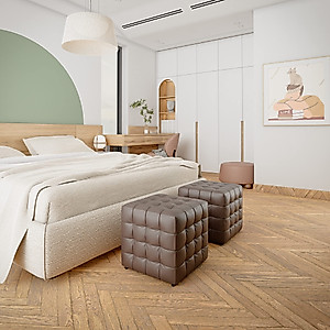 Cortesi Home Charli Tufted Cube Ottoman in 100% Genuine Leather, Brown