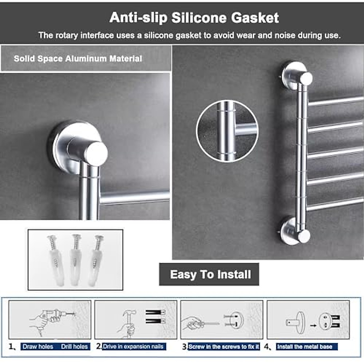 Swing Out 5-Arms Towel Holder Thicken Towel Racks for Bathroom Kitchen, Bath Towel Bar Swivel Hanger Wall Mounted Drying Rack, Rustproof Solid Aluminium Towel Hanger Space Saving Storage Or