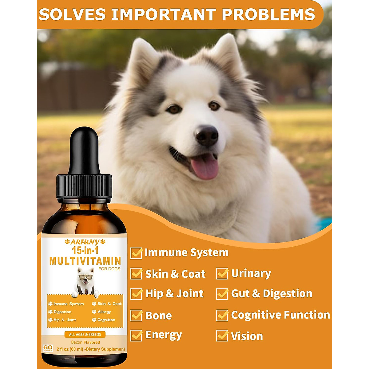 15 in 1 Multivitamin for Dogs | 60ML Dog Multivitamin Liquid Support Joint, Gut & Immune Health | Dog Liquid Vitamins for Digestion, Heart, Skin & Coat | Vitamin Supplements for Dogs | Bacon Flavor