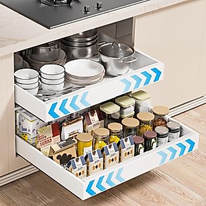 2 Pack Pull Out Cabinet Organizers, Expandable(12.2"-20.5") Heavy Duty Slide Out Drawer for Kitchen Cabinet Fixed with Adhesive Nano Films, Under Sink Organizer For Bathroom Storage(16.5'' Deep,White)