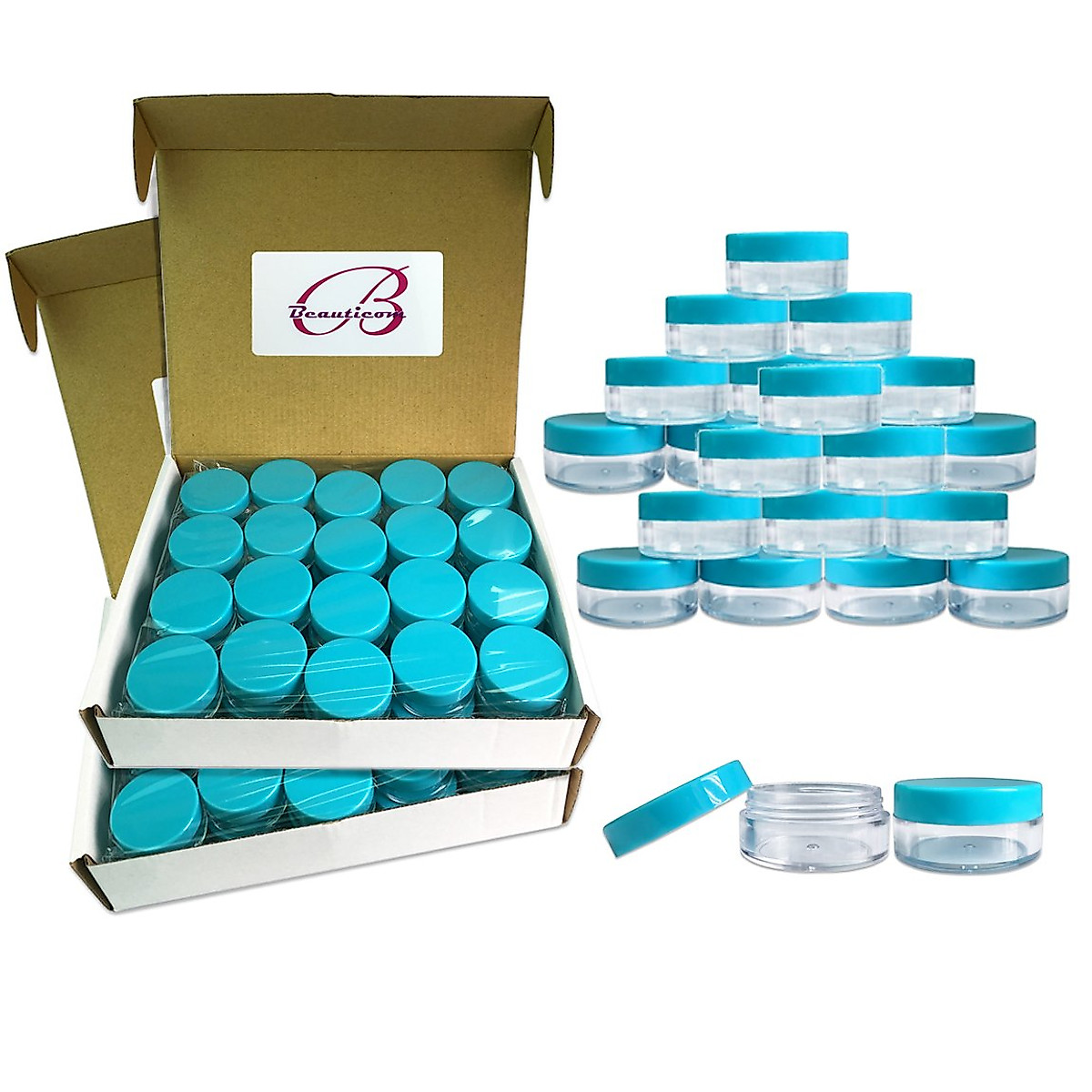 (Quantity: 100 Pieces) Beauticom® 10G/10ML Round Clear Jars with TEAL Sky Blue Lids for Acrylic Powder, Rhinestones, Charms and Other Nail Accessories - BPA Free