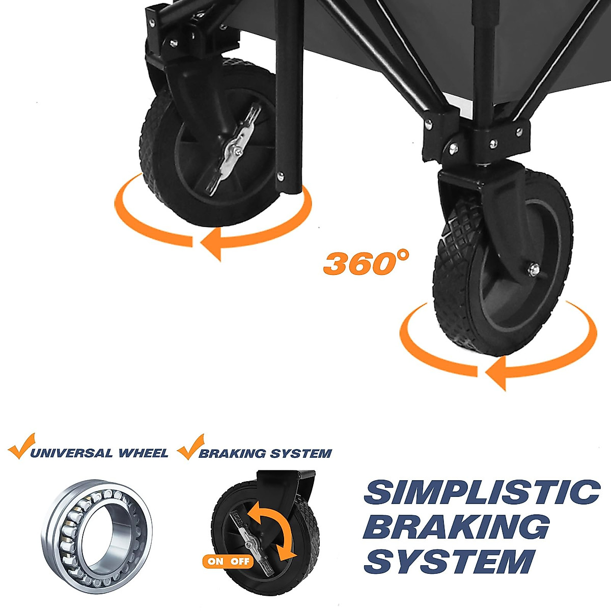 Chihee Folding Wagon Cart Garden Cart Heavy-Duty with 2 Cup Holders,Camp Cart for Gimballed Wheels with Braking System Large Capacity Removable Fabric,for Sporting Events,Camping,Beach Trips