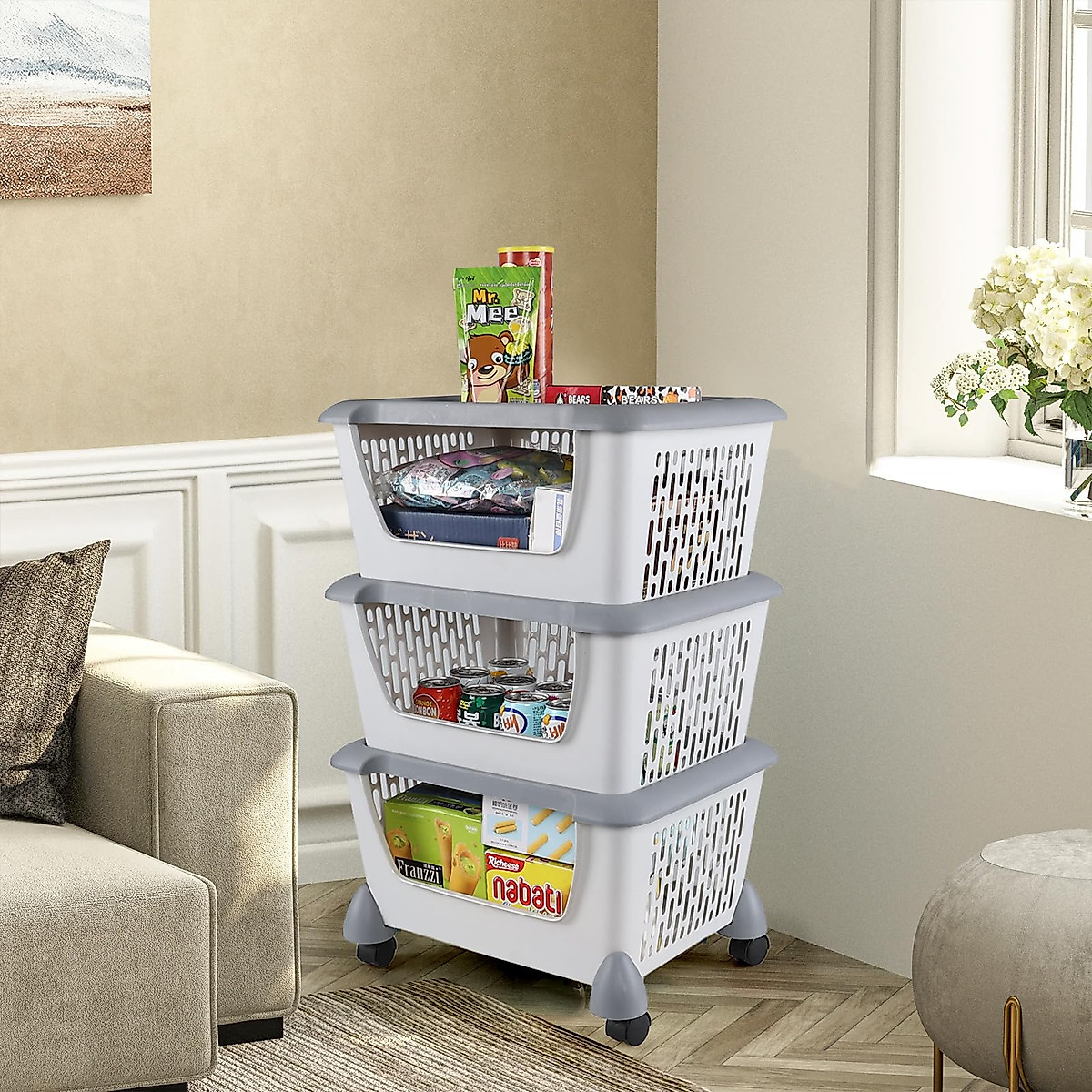 Neadas 3 Tier Stackable Storage Baskets with Wheels, Rolling Stackable Basket, Gray