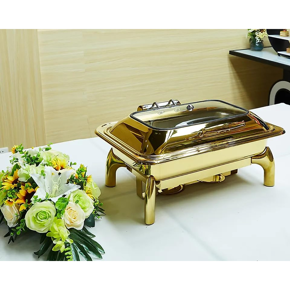 HONHPD Gold Chafing Dish Buffet Set,9 Quart Rectangular Chafer, with Glass Top, Soft-Close Lid,Food Pan, Water Pan and Fuel Holders, for Wedding, Parties, Banquet,Catering Events (2 Half Size)