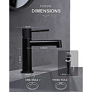 Bathroom Faucet, Indare Single Hole Brass Matte Black Bathroom Faucet with Pop-up Sink Drain Assembly and Faucet Supply Hose