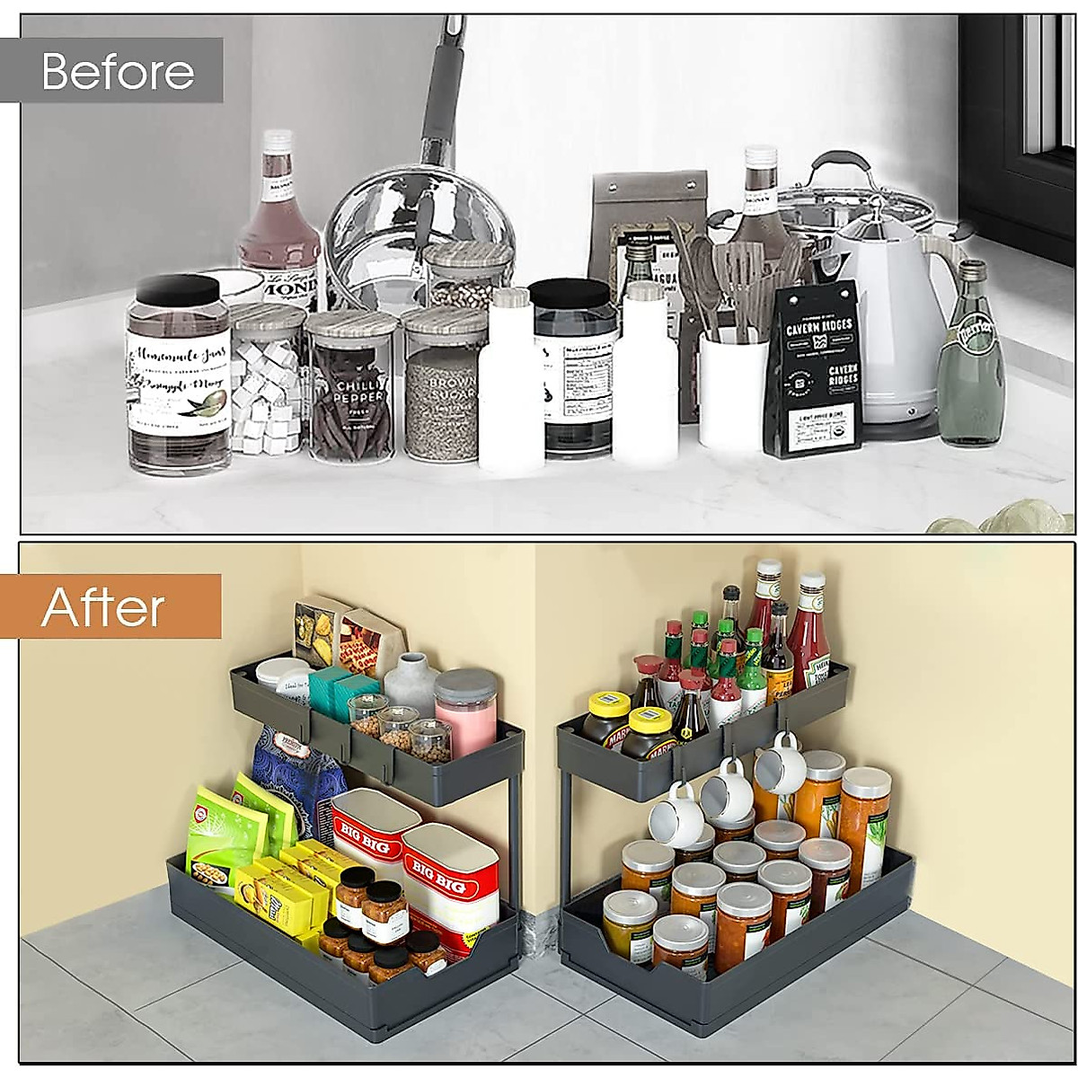 Karlsitek Under Sink Organizers and Storage,2 Pcs Under Sink Organizers,2-Tier L-Shape Bathroom Organizer,Sliding Cabinet Organizer Drawer with 2 Hanging Cups and 8 Hooks for Kitchen Bathroom Office