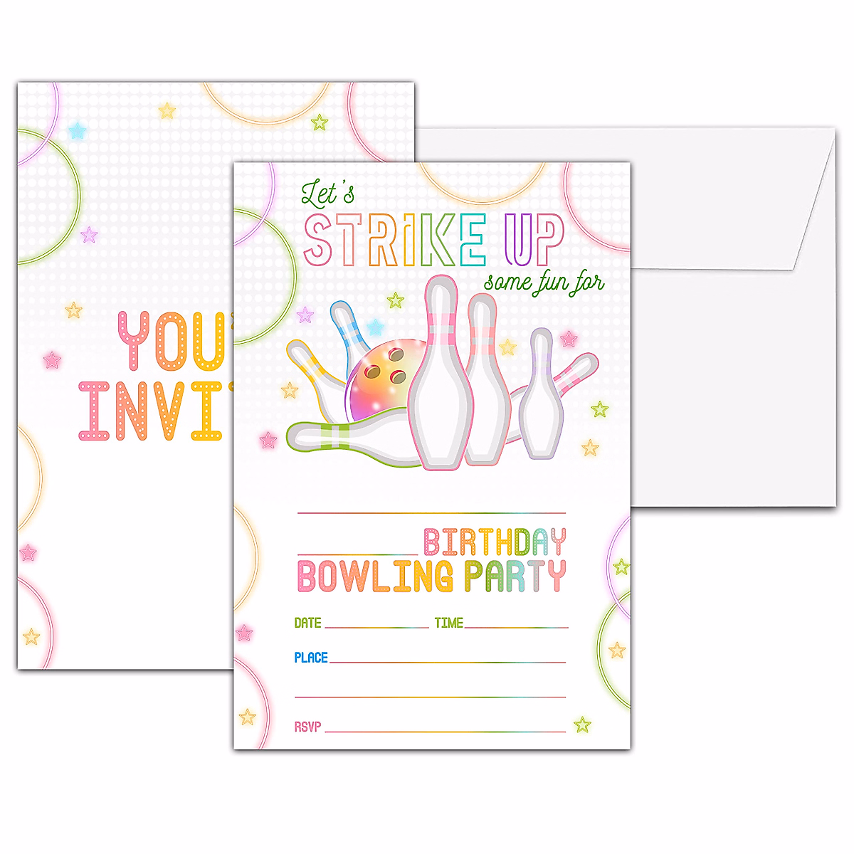 Chuxvon Bowling Birthday Party Invitations, Strike Up Birthday Invitation, Double-Sided Neon Glow Themed Fill In Invites, Kids Glow Bowling Birthday Party Decorations, 20 Cards With 20 Envelopes(C07)