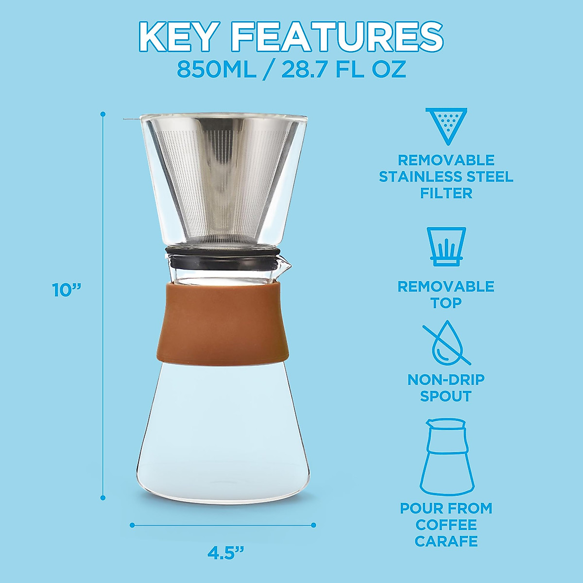 GROSCHE Amsterdam Glass Pour Over Coffee Maker - Single Cup Manual Dripper Brewer w/Removable Glass Top & Permanent Stainless Steel Filter - 27.6 fl oz - Ideal for Home, Camping, & On-the-Go Brewing