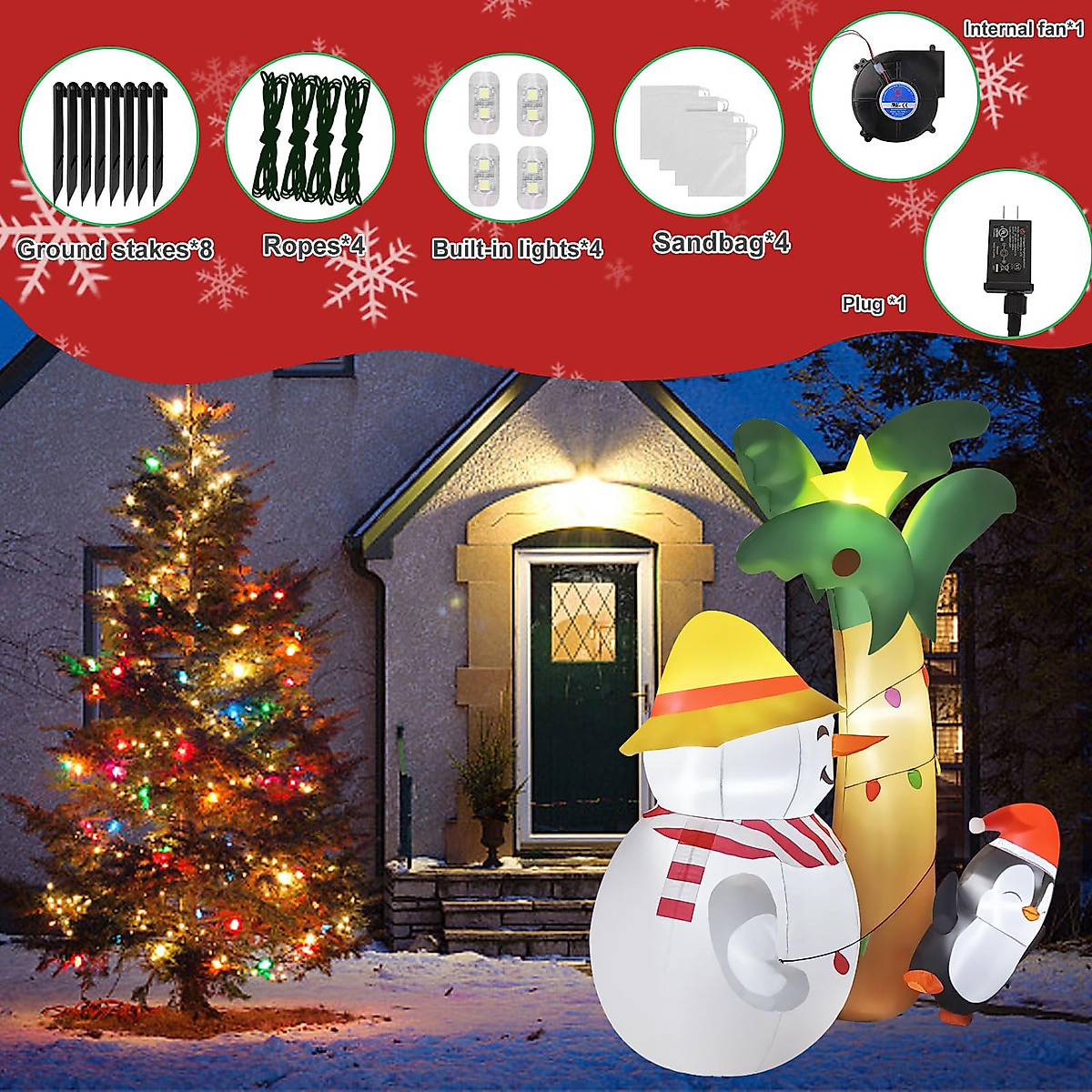 7FT Outdoor Inflatables Palm Tree,Funny Outdoor Inflatable Tree Hawaiian Snowman and Penguin Lighted,Cute Holiday Blow Up Outside Yard Decoration