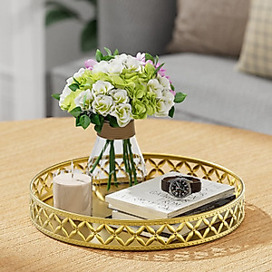 EKNITEY Bathroom Counter Vanity Tray - Perfume Makeup for Dresser Tops Gold Round Serving Candle Decorative Storage Home Decor 11'' Floral-gold