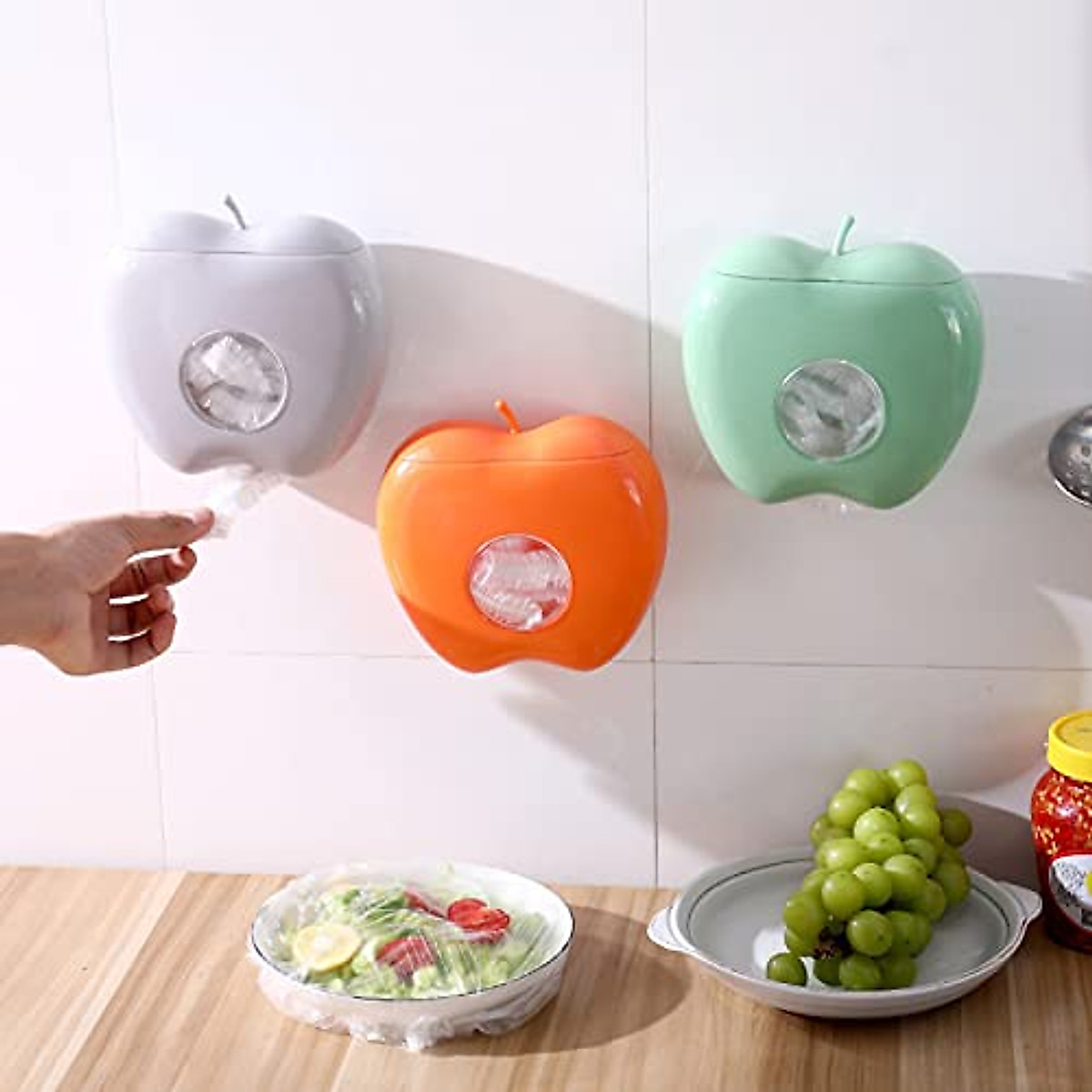 Fresh Keeping Bag Storage Box Wall-mounted Punch-free Large Capacity Space-saving Dustproof Apple Shape Food Cover Cling Film Food Wrap Shower Caps Container Organizer Dispenser for Kitchen Bathroom