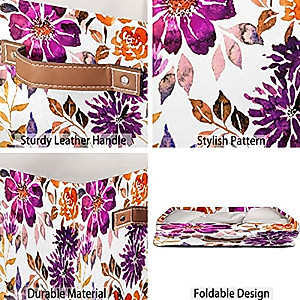 Large Collapsible Storage Bins,Flower Leaves Decorative Canvas Fabric Storage Boxes Organizer with Handles,Cube Square Baskets Bin for Home Shelves Closet Nursery Gifts