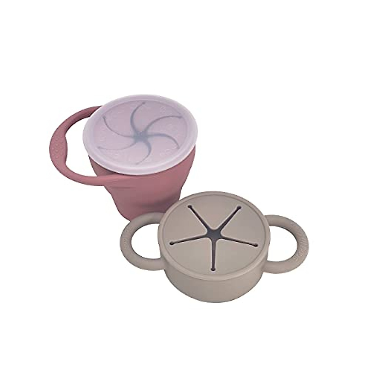BraveJusticeKidsCo. | Snack Attack I&II Baby Snack Cup | 2 pack | Silicone Collapsible Toddler Snack Cup (Dusty Rose and Fog)