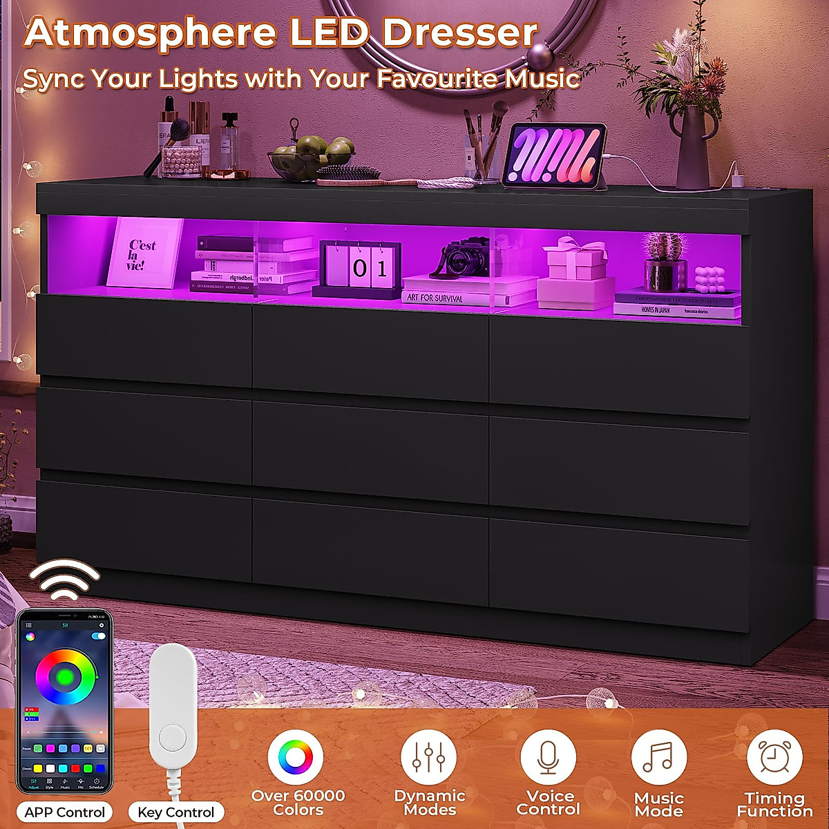 HAUOMS Black Dresser for Bedroom with LED Lights, Large Chest of Drawers Handle Free, Modern Long Dresser with 9 Drawers & Charging Station,for Living Room,Cloakroom,Entryway