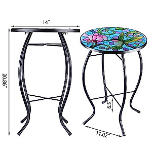 VCUTEKA Mosaic Patio Side Table Outdoor Accent Table Bistro Coffee Table Plant End Table Small Porch Table Indoor Round Glass Balcony Hummingbird Plant Table Stands