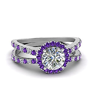 55Carat Reverse Split Shank Halo Diamond Ring Sterling Silver Natural Amethyst Round Shape Purple Color Halo Engagement Rings Prong Setting in Size 11 Handcraft Chakra Healing