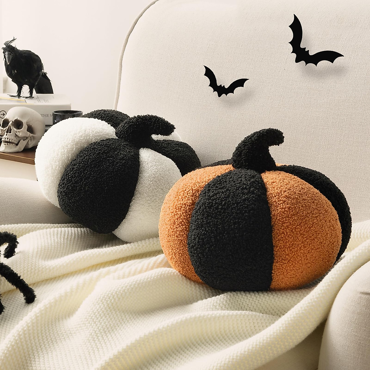 Phantoscope Teddy Fleece Pumpkin Throw Pillows Happy Thanksgiving Ultra Soft Sherpa Decorative Cute 3D Shaped Cushion, Black and White, 6 x 12 inches